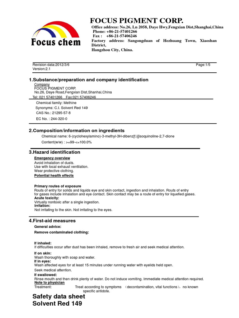 MSDS - Solvent Red 149 | PDF | Toxicity | Resource Conservation And ...