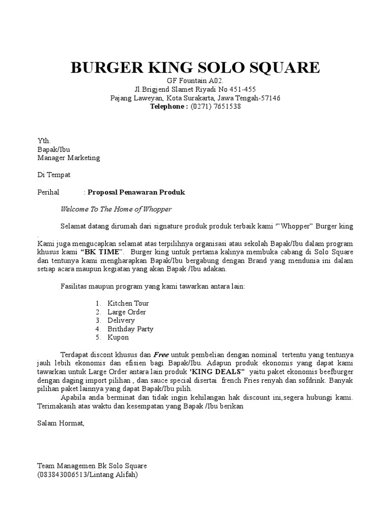 Proposal Kerja Sama Burger King Solo Square | PDF | Hukum | Griya & Taman