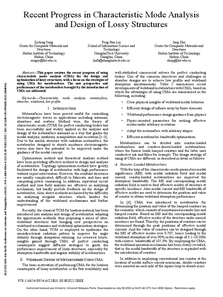 2022 Recent Progress In Characteristic Mode Analysis And