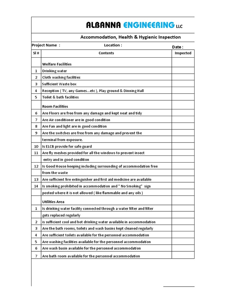 F-016-Accommodation Inspection Checklist | PDF