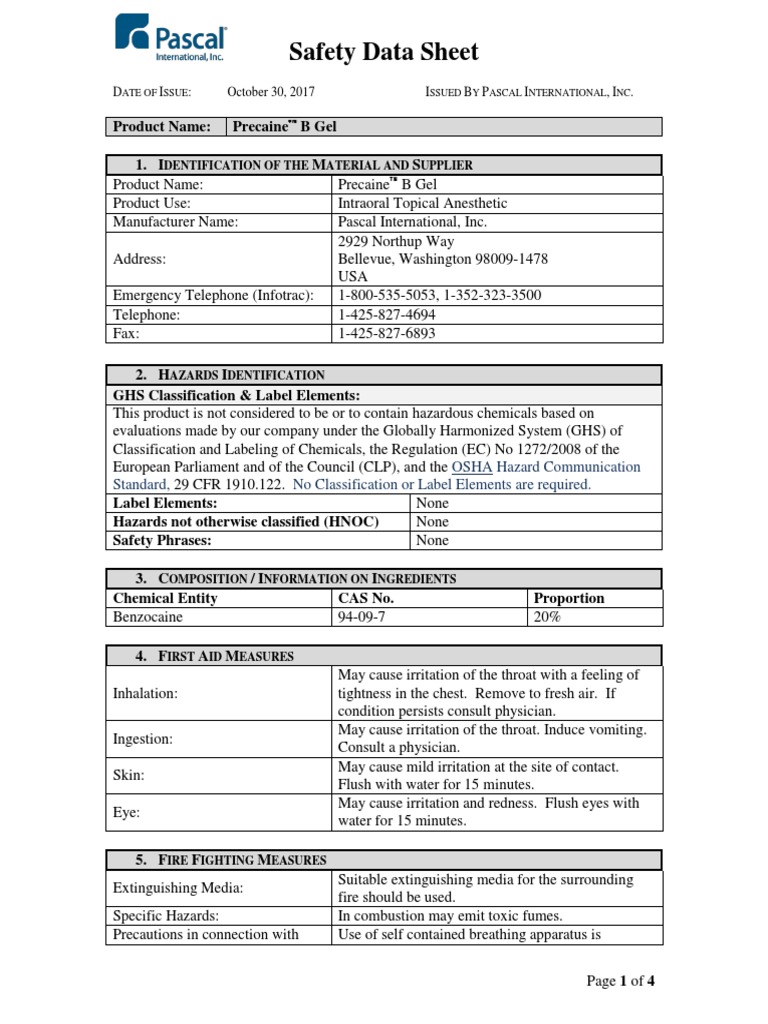 Precaine Msds | PDF | Physical Sciences | Occupational Safety And Health