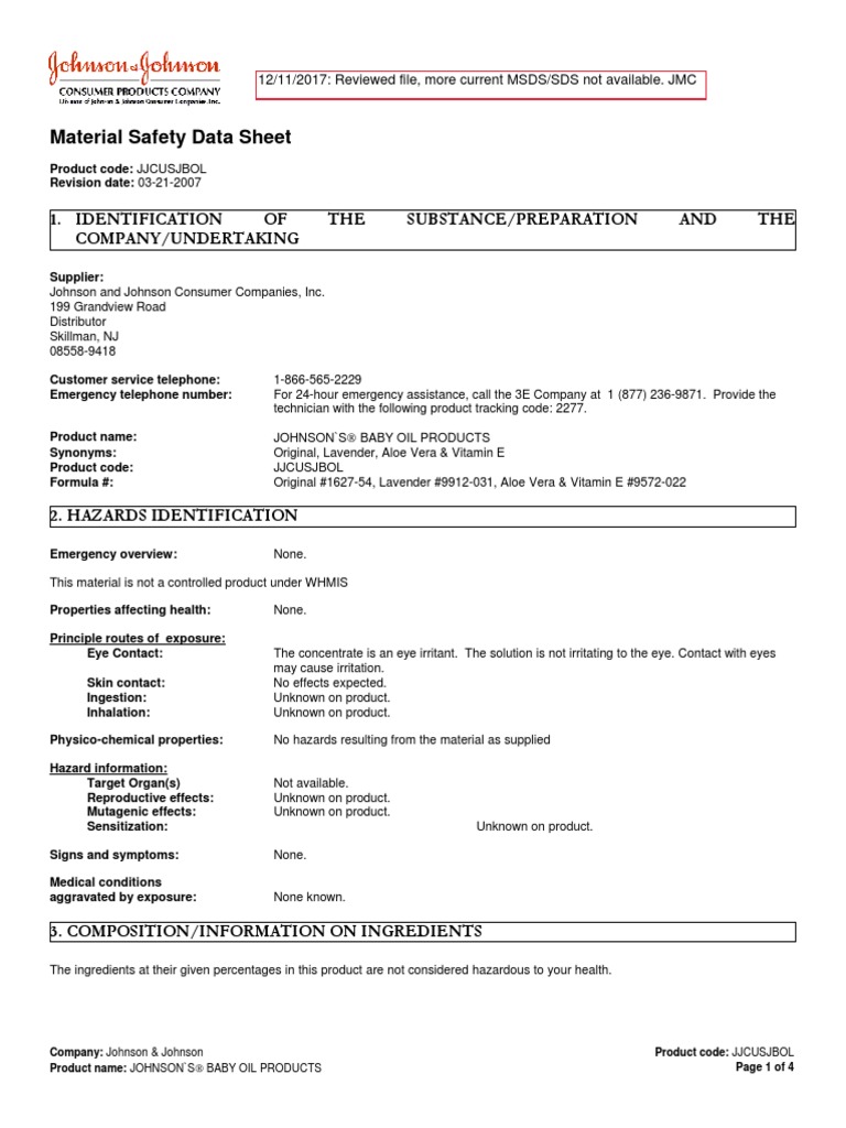 Baby - Oil - J&J Msds | PDF | Personal Protective Equipment | Toxicity