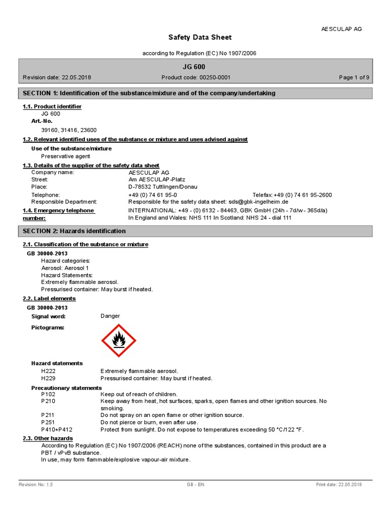 AESCULAP JG 600 Safety Data Sheet | PDF | Chemical Substances ...