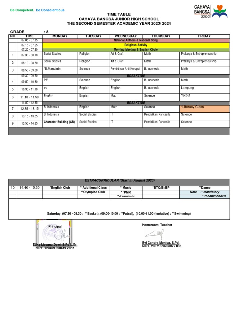 Cahaya Bangsa Junior High Timetable | PDF