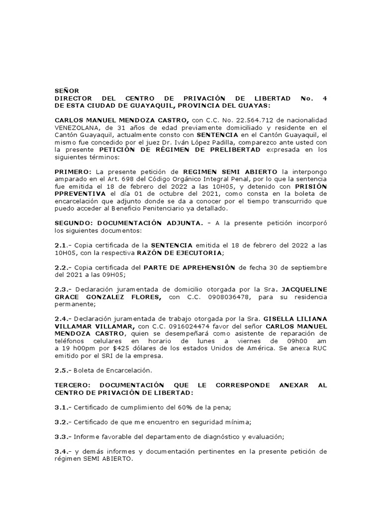 Modelo de Solictud de Regimen Semiabierto | Descargar gratis PDF ...