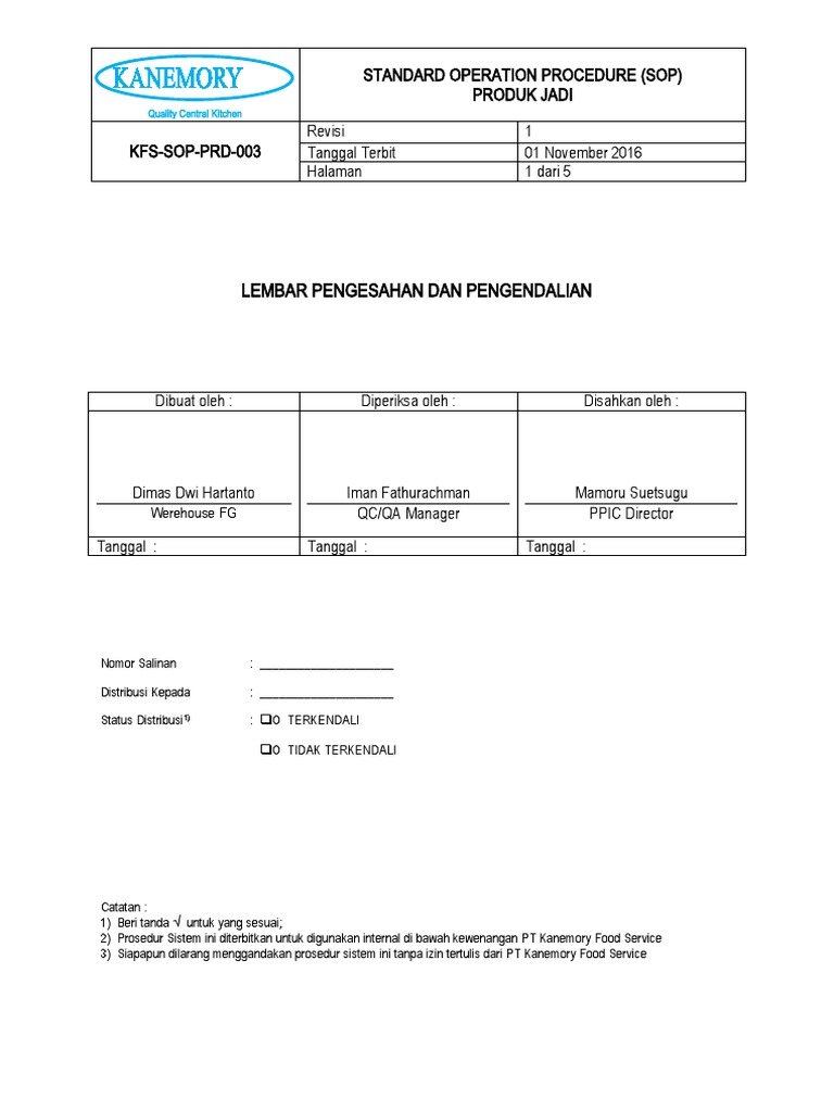 Kfs-Sop-Prd-003 Gudang FG Revisi 1 | PDF