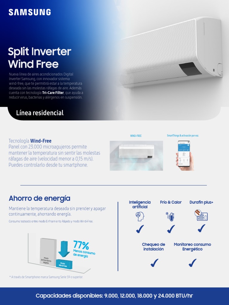 Ficha Tecnica Aire Acondicionado Samsung Wind Free Inverter 2023 | PDF ...