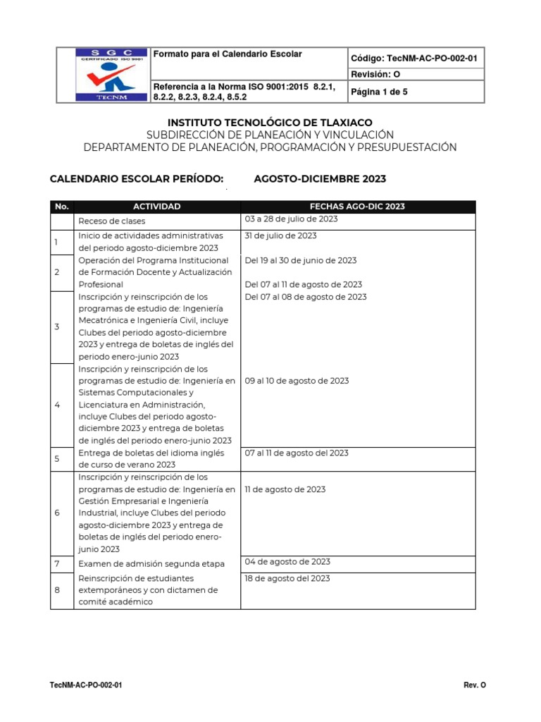 Calendario Escolar Ago-Dic 23 | PDF | Informática