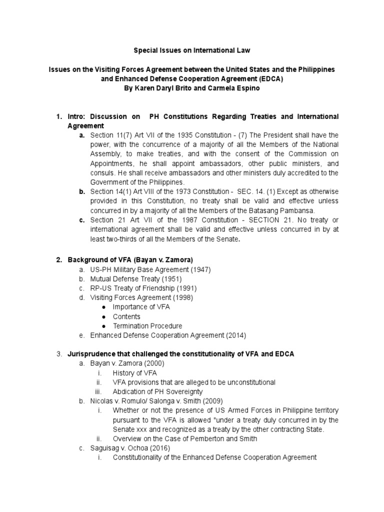 VFA EDCA Report Outline | PDF | Treaty | President Of The Philippines