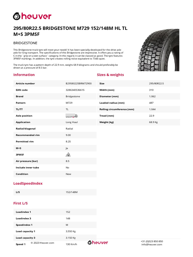 295 80r22 5 Bridgestone m729 152 148m HL TL M S 3pmsf | PDF | Tire | Truck