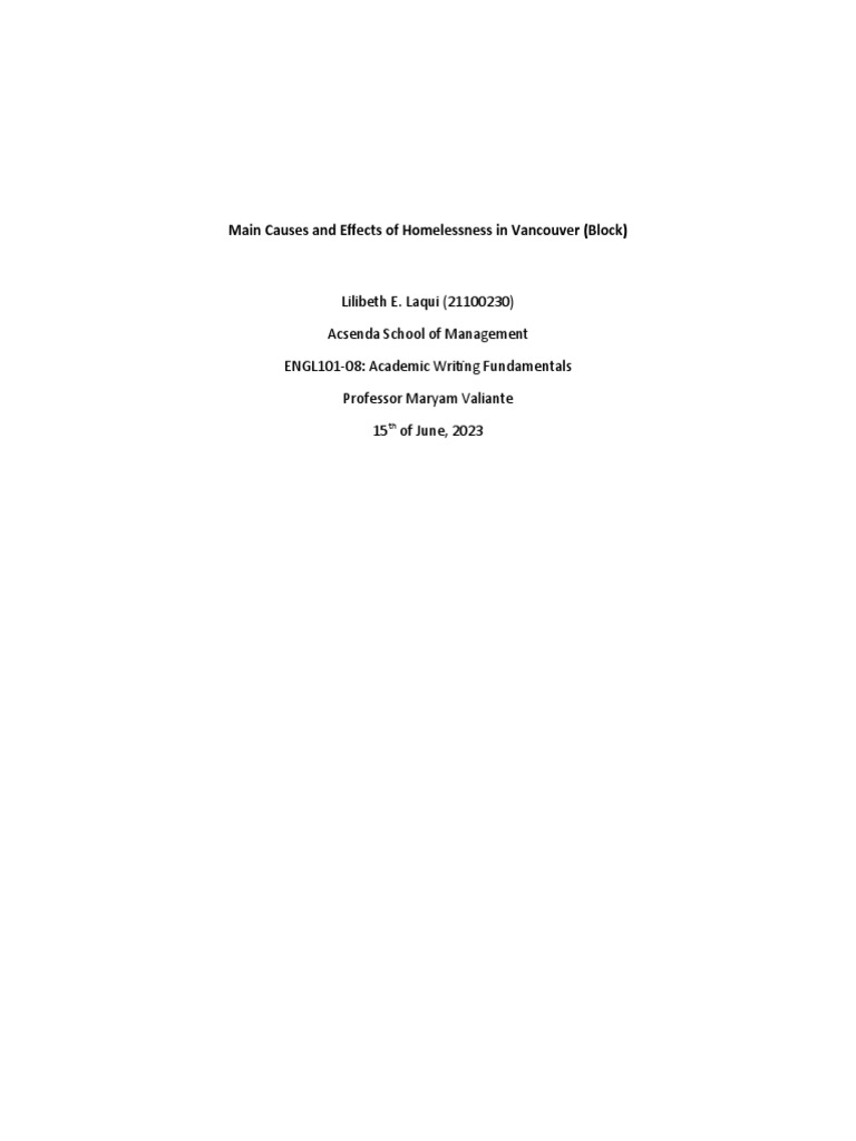 Main Causes And Effects Of Homelessness In Vancouver Pdf