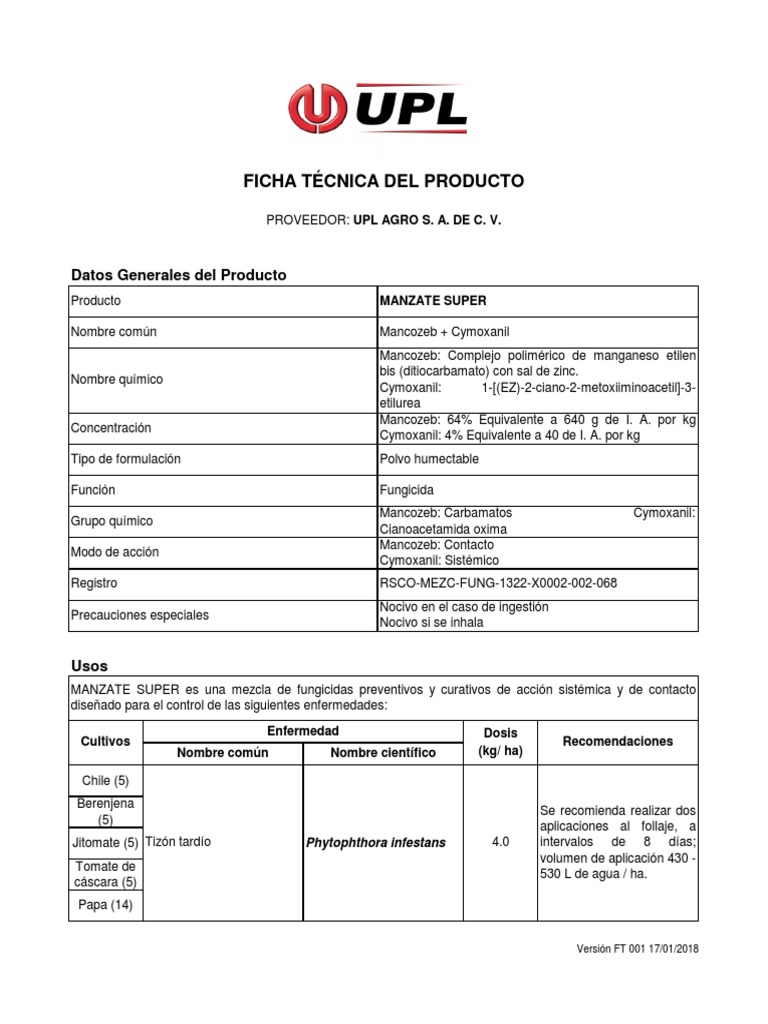 Ficha Técnica Manzate Super UPL Agro (México) | PDF | Especialidades Medicas