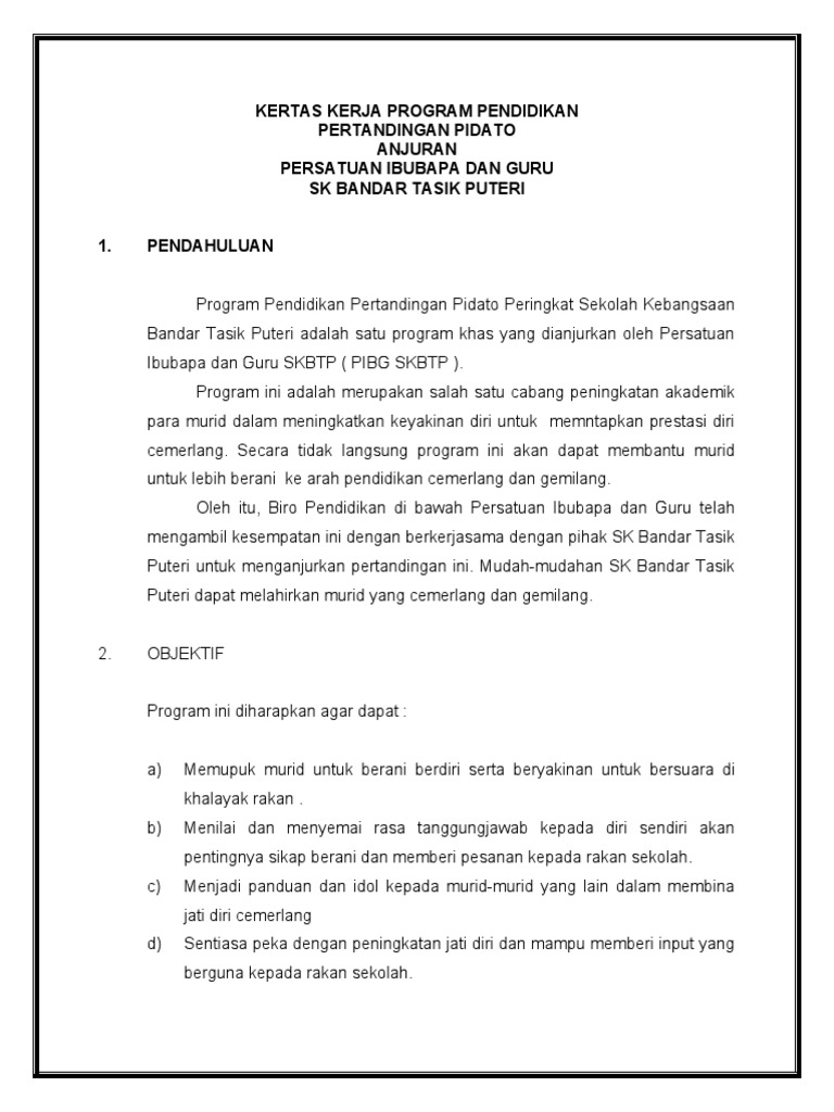 Kertas Kerja Program Pendidikan Pertandingan Pidato Pibg SKBTP 2012 | PDF | Karier & Perkembangan
