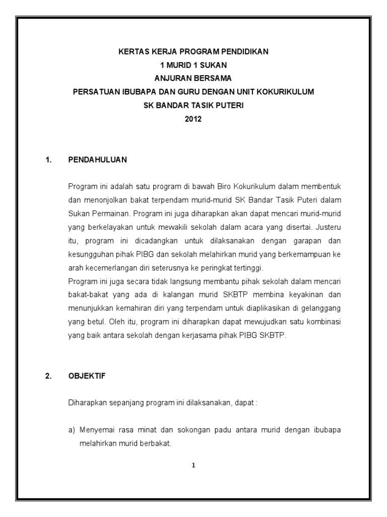 Kertas Kerja Program Pendidikan 1 Murid 1 Sukan Pibg SKBTP 2012 | PDF ...