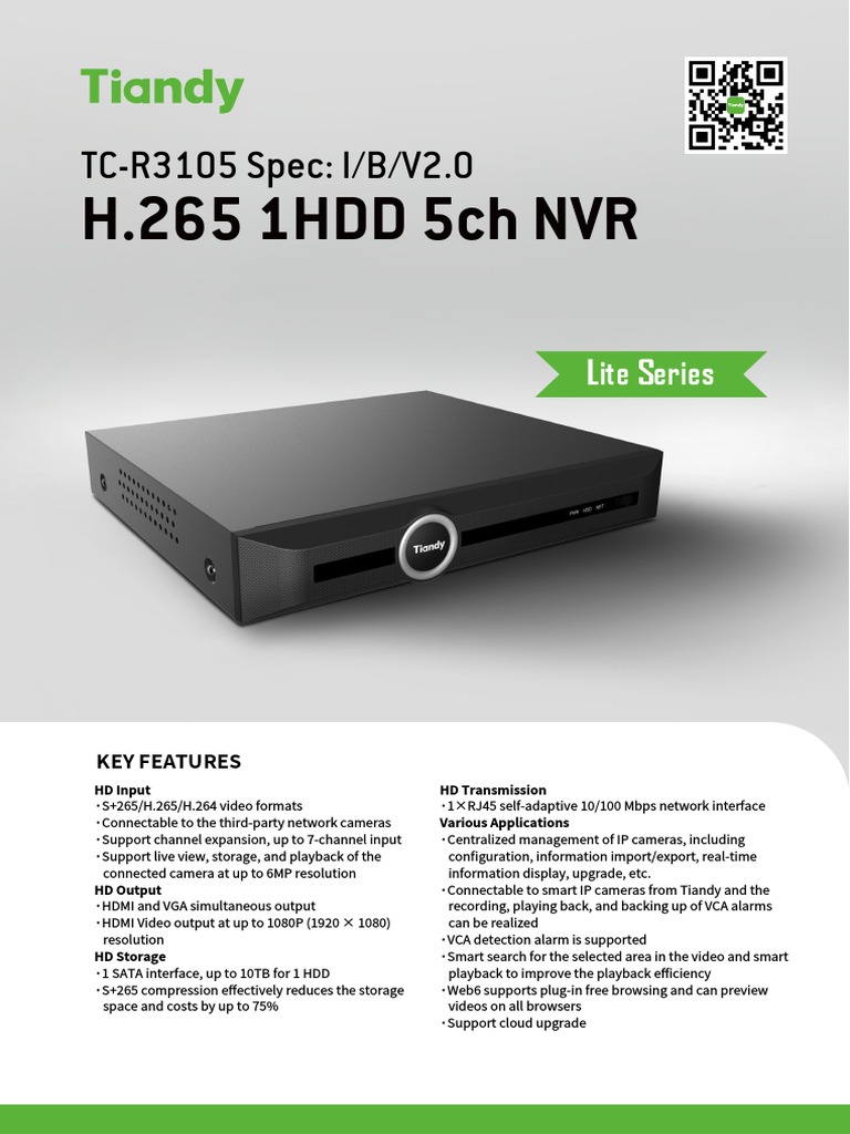 H.265 1HDD 5ch NVR: TC-R3105 Spec: I/B/V2.0 | PDF | Hdmi | Display ...