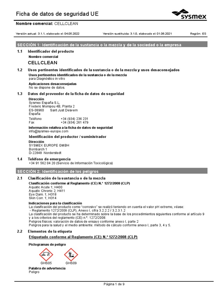 Ficha Seguridad CELLCLEAN | PDF | Toxicidad | Química