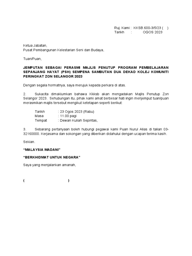 Surat Jemputan Perasmi Majlis Penutup | PDF