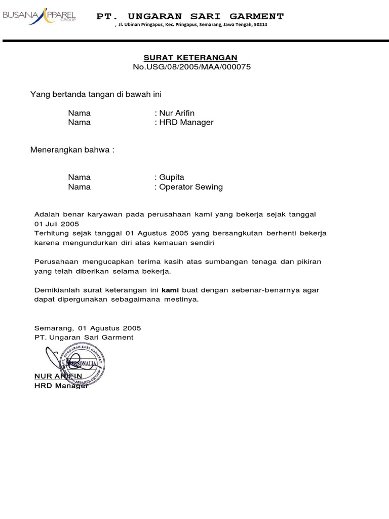 Surat Keterangan Ungaran Sari Garment | PDF