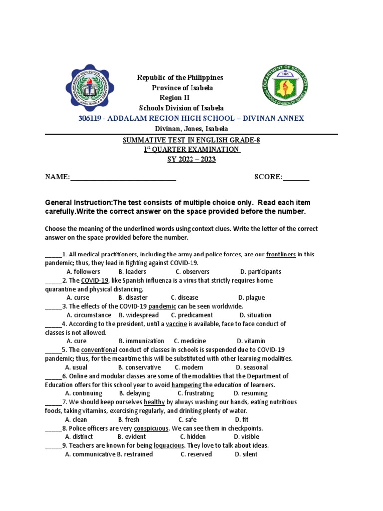 1st Quarter Exam 2022-23 | PDF | Infographics | Pandemic