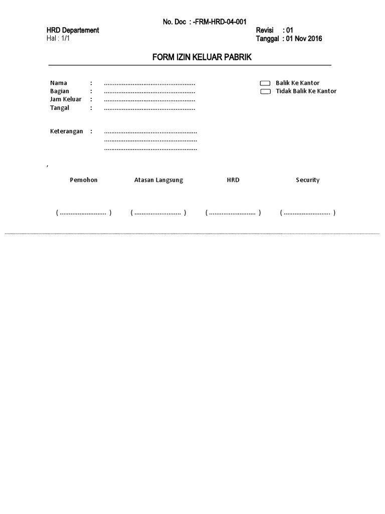 Form Izin Keluar Pabrik | PDF