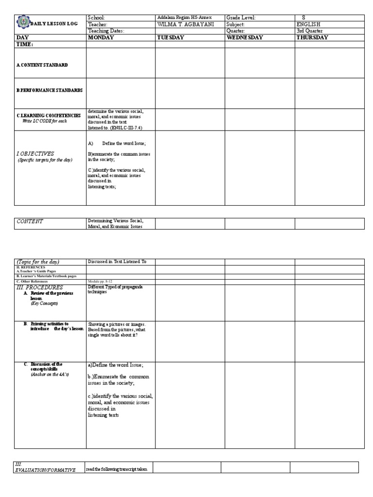 Grade 8 English Daily Lesson Plan | PDF | Learning | Teachers