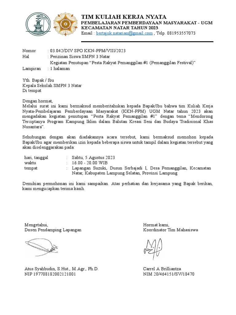 Izin Penampilan Siswa SMPN 3 Natar | PDF