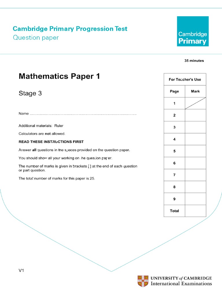 Primary Progression Test - Stage 3 Math Paper 1 | PDF
