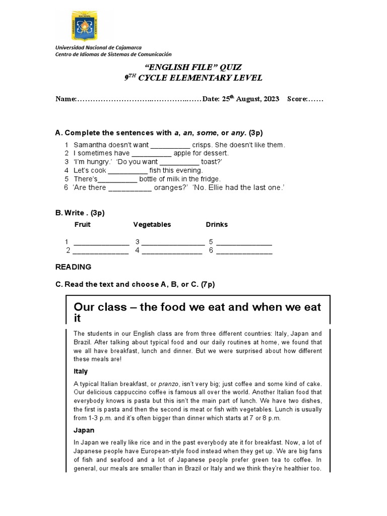 IX Elem. QUIZ | PDF | Lunch | Home