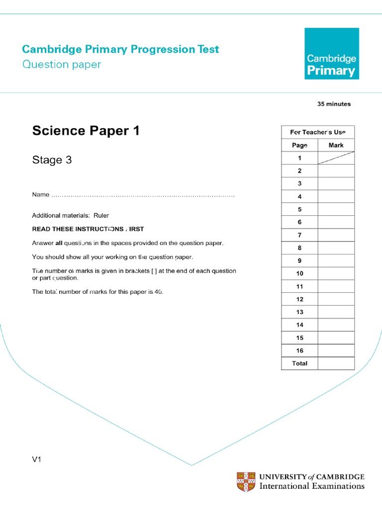 Cambridge Primary Science Stage 3 Paper 1 | PDF