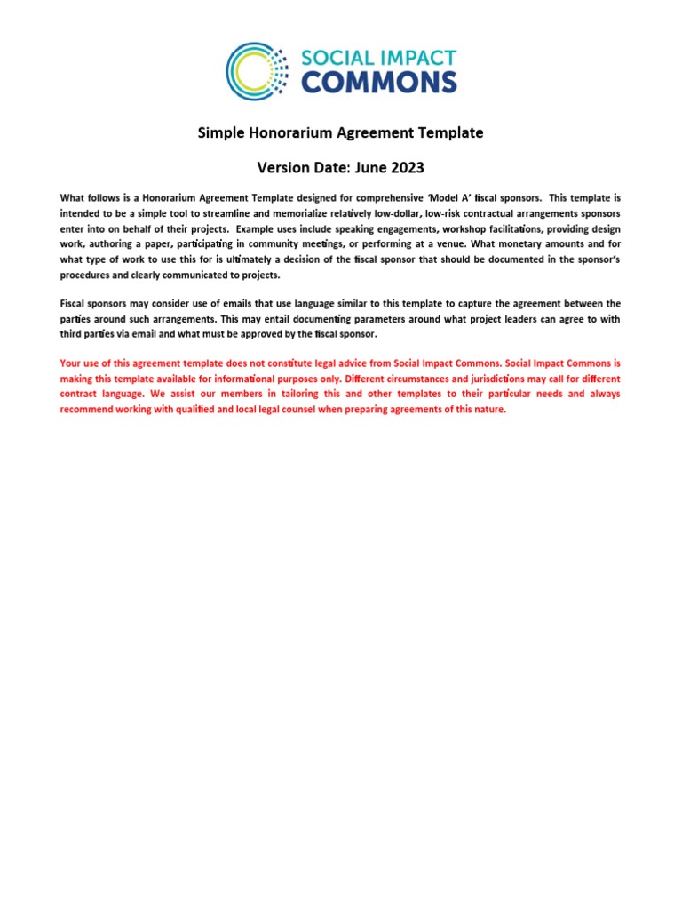 Honorarium Agreement Template | PDF | Law