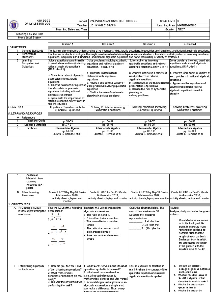 Grade 9 DLL | PDF | Equations | Area