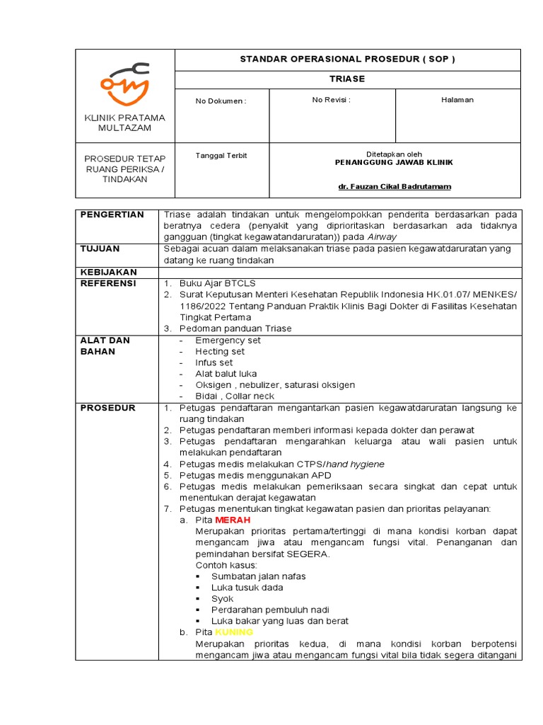 SOP Triase Kegawatdaruratan Klinik | PDF