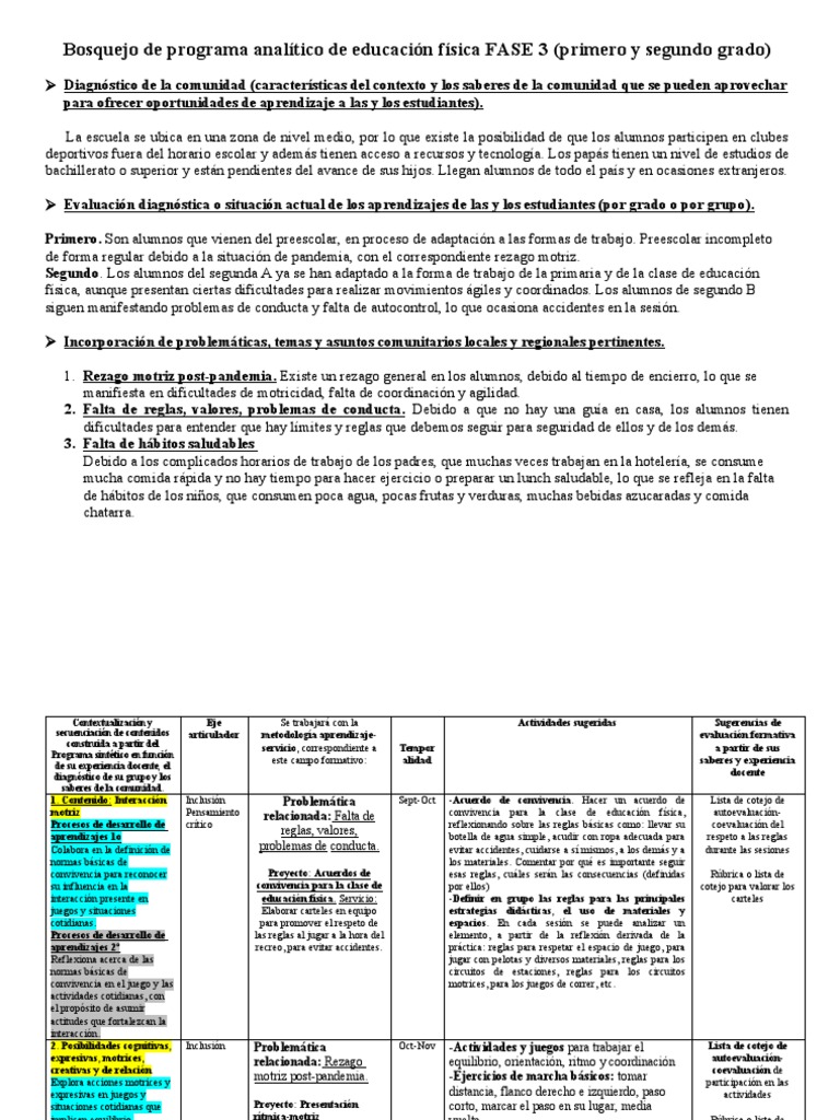 Bosquejo de Programa Analítico de Educación Física FASE 3 | PDF | Educación de la primera ...