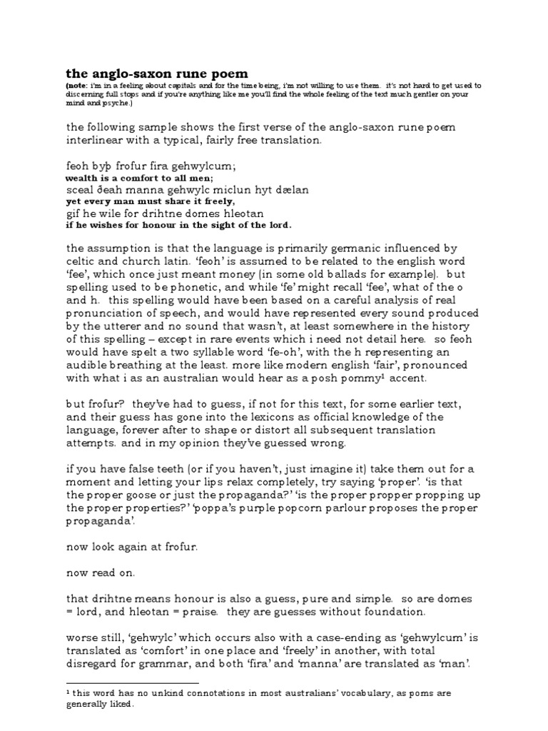 The Anglo-Saxon Rune Poem Revisited | PDF | Translations | Grammatical ...