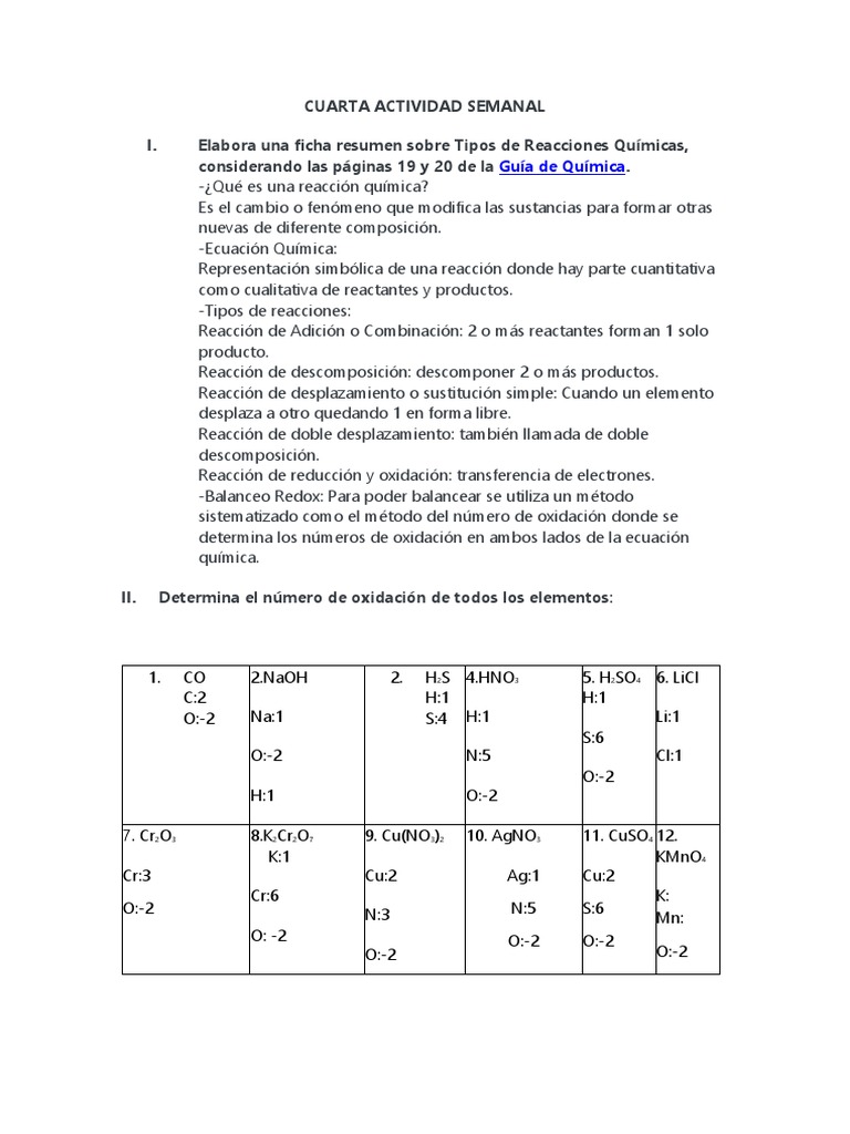 CUARTA ACTIVIDAD SEMANAL Química | PDF | Ciencia y matemáticas