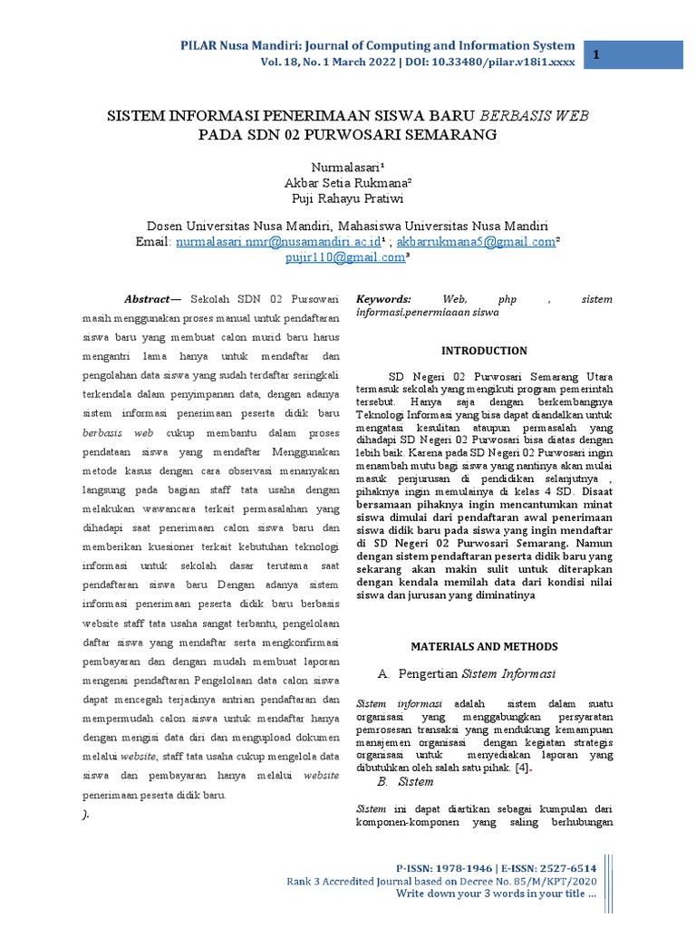 Upload Jurnal - PILAR - Nusa - Mandiri - 2022 (ENG) | PDF