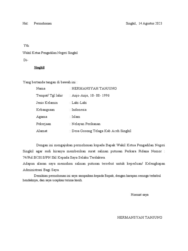 Surat Permohonan Salinan Putusan | PDF