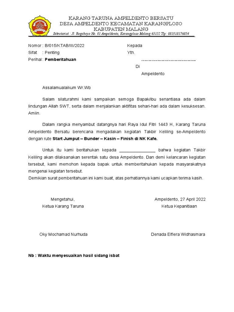 Surat Pemberitahuan Takbir Keliling | PDF | Griya & Taman | Sains & Matematika