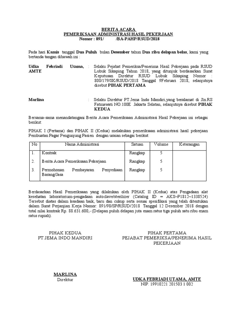 Berita Acara Pemeriksaan Administrasi Hasil Pekerjaan | PDF | Pengelolaan Keuangan & Uang