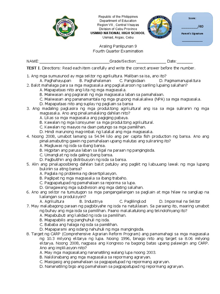 TEST I. Directions: Read Each Item Carefully and Write The Correct ...