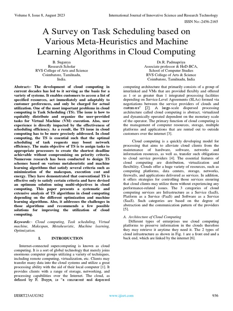A Survey On Task Scheduling Based On Various Meta Heuristics And Machine Learning Algorithms In
