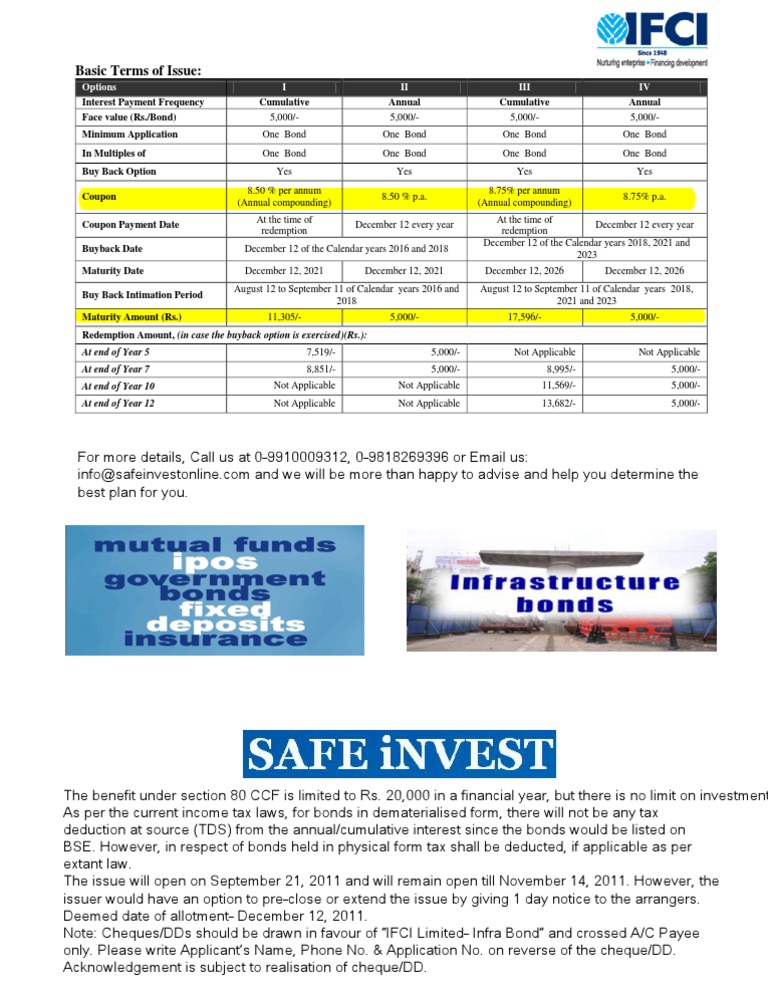 Ifci Infra Bonds Terms Sept2011 | PDF | Cheque | Bonds (Finance)