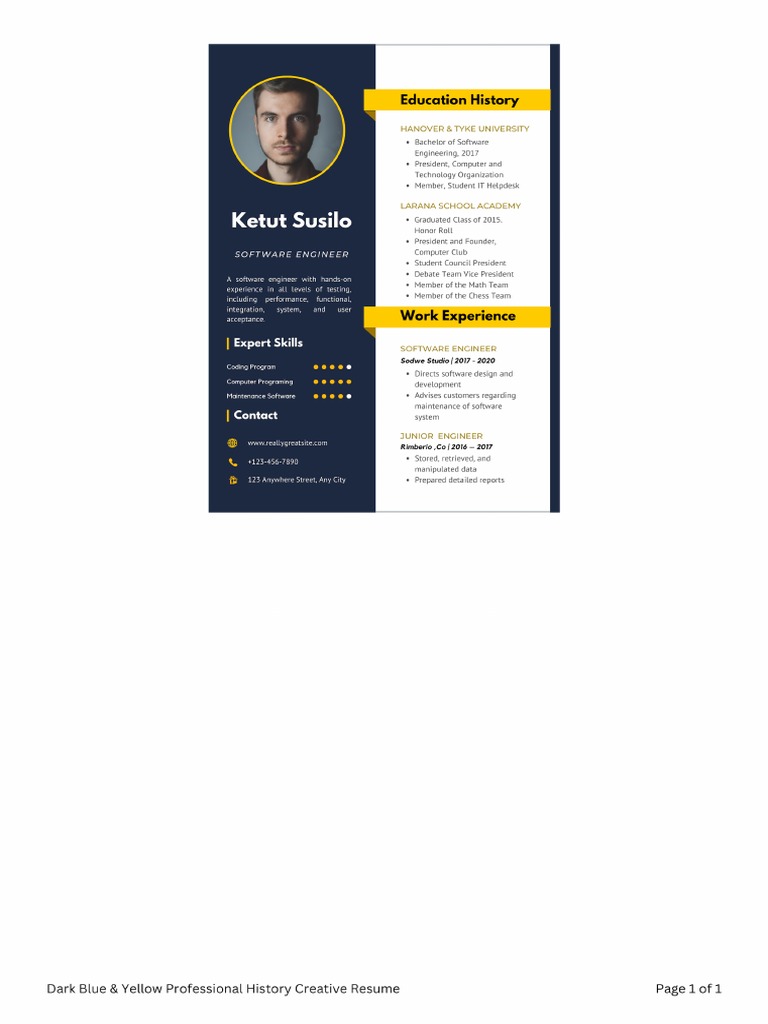 Dark Blue & Yellow Professional History Creative Resume | PDF