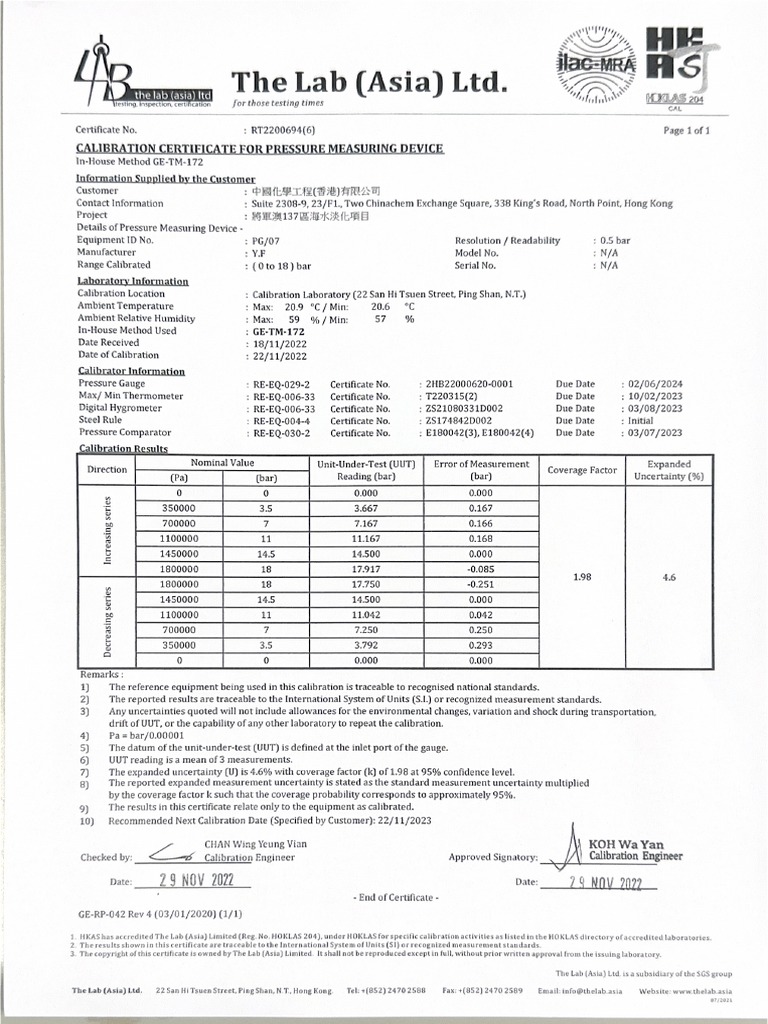 Pressure Gauge Certificate 7 0-18 | PDF