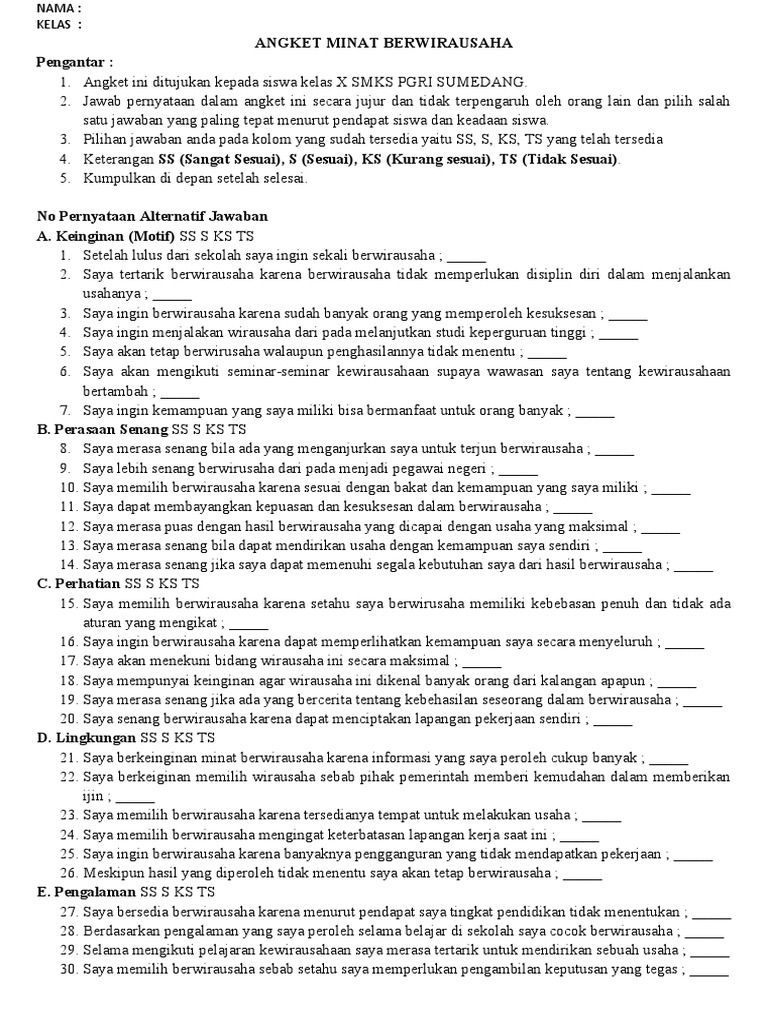 Angket Minat Berwirausaha | PDF | Karier & Perkembangan