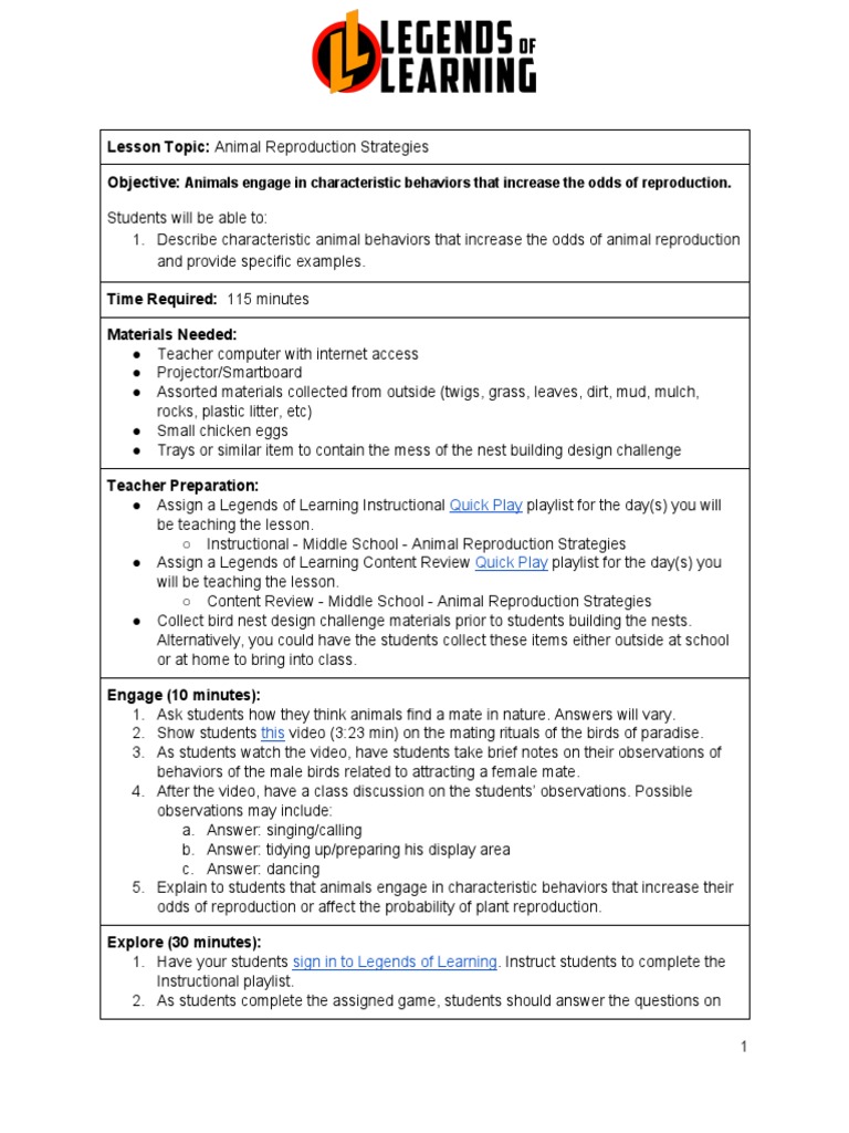 Animal Reproduction Strategies 5E Lesson Legends of Learning | PDF ...