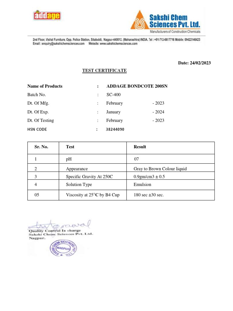 ADDAGE BONDCOTE 200SN Test Certificate | PDF