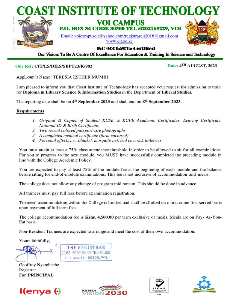 Kuccps Sept23 Dils Adm Letters | PDF | Birth Certificate | Fee