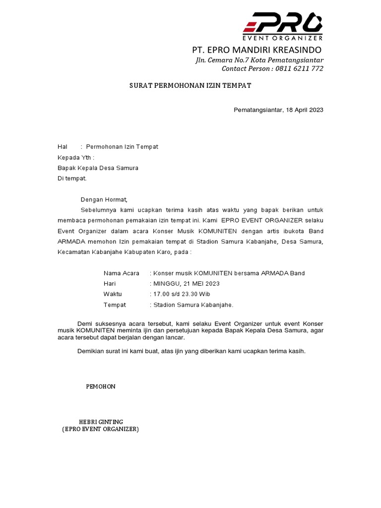 Surat Permohonan Izin Tempat | PDF