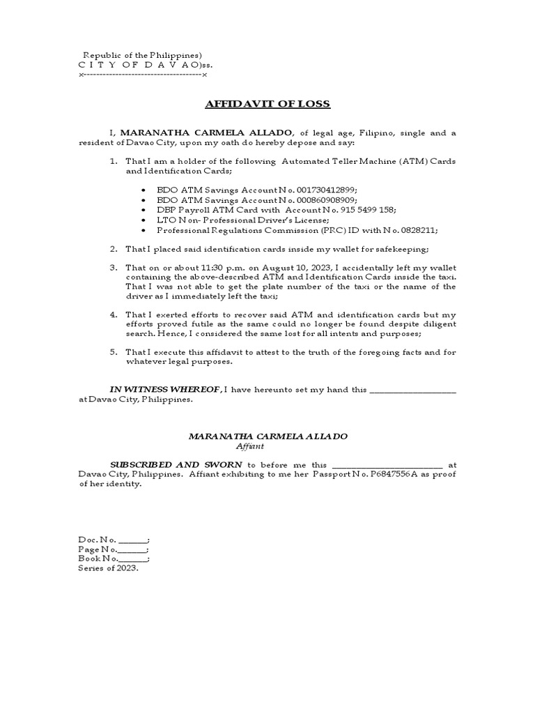 Affidavit of Loss ID's | PDF | Law